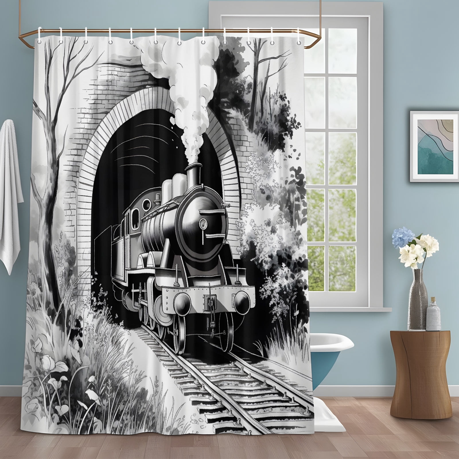 Abstract Shower Curtain with Hooks, Black White Trains Tunnels Line ...