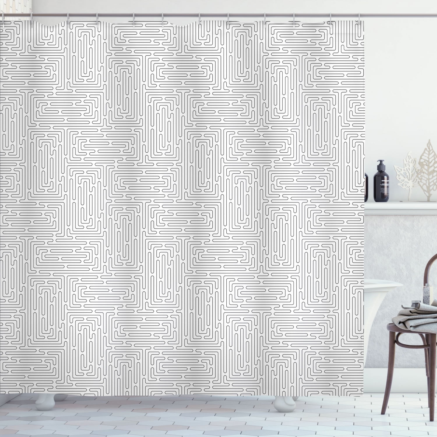 Abstract Shower Curtain, Modern Labyrinth Like Layout of Hand Drawn ...