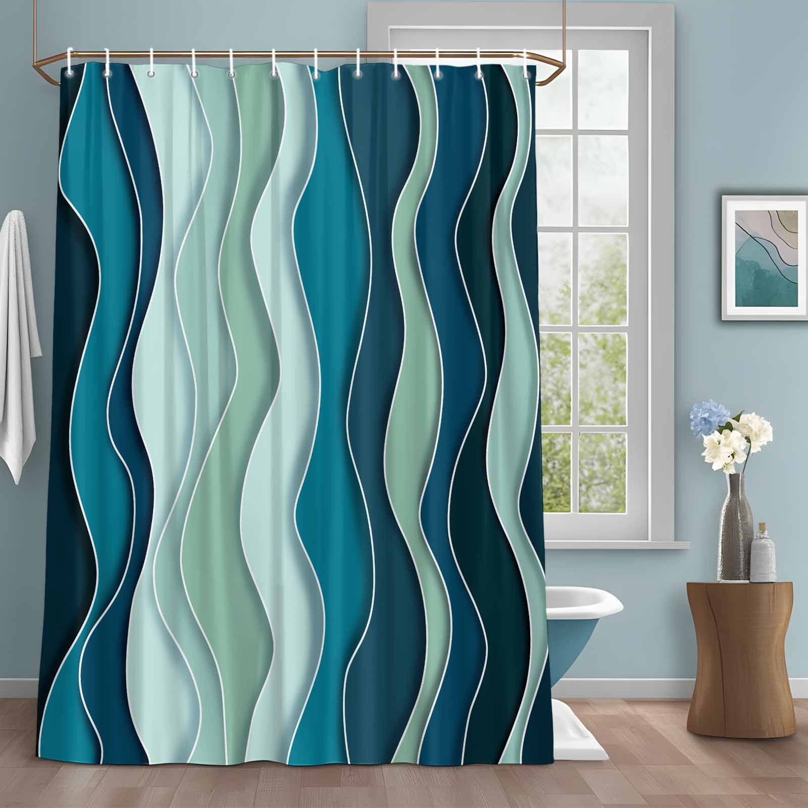 Abstract Shower Curtains for Bathroom, Teal Gradient Waves Beach Lines ...