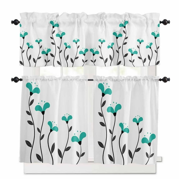 Abstract Simple Floral Kitchen Curtains Valance and Tier Set Teal Green ...