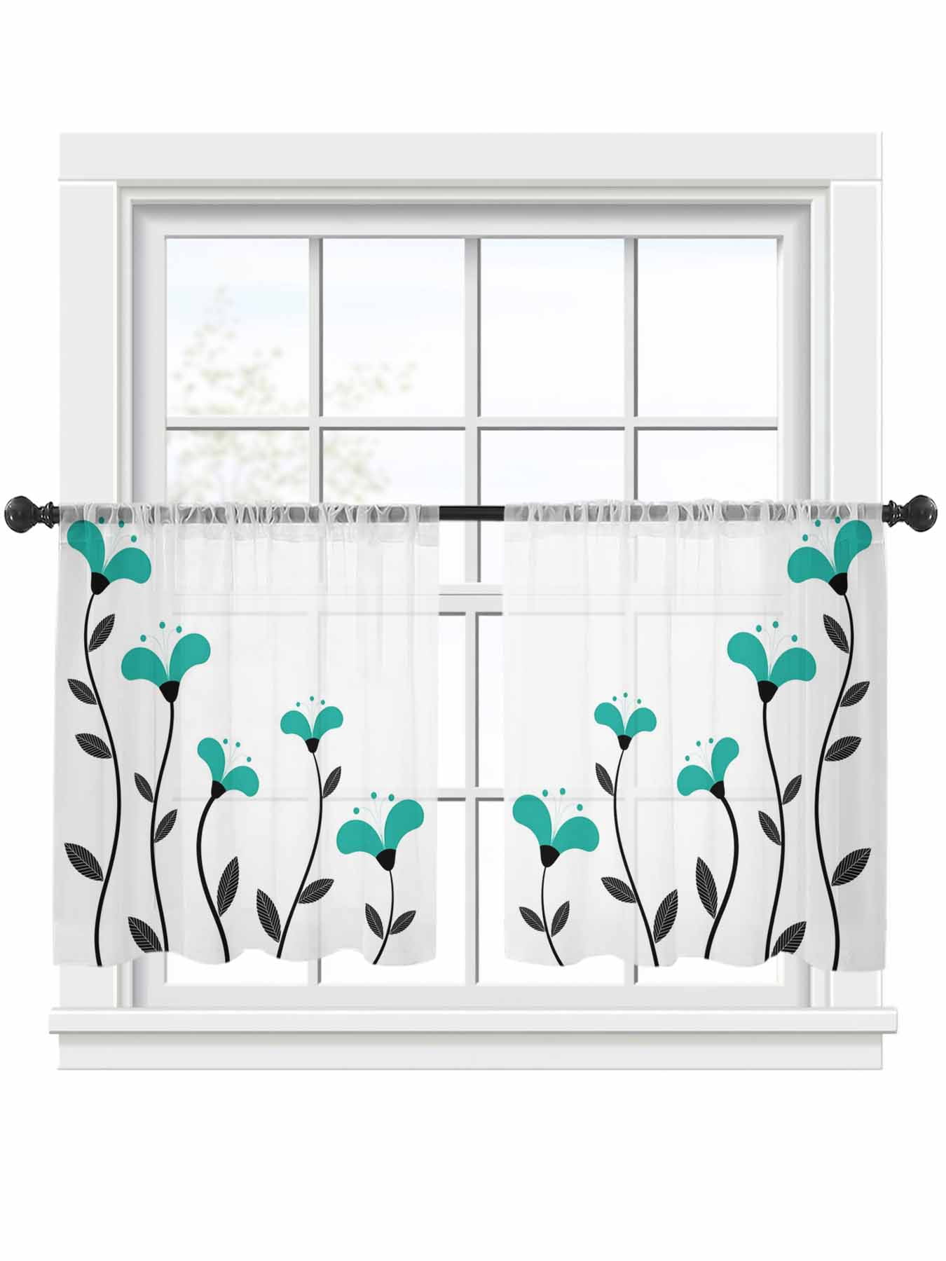 Abstract Simple Floral Sheer Curtains 2 Panels Set Teal Green Black ...
