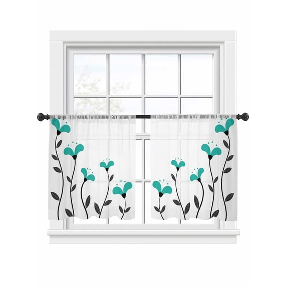 Abstract Simple Floral Sheer Curtains 54 Inch Long 2 Panels, Teal Green ...