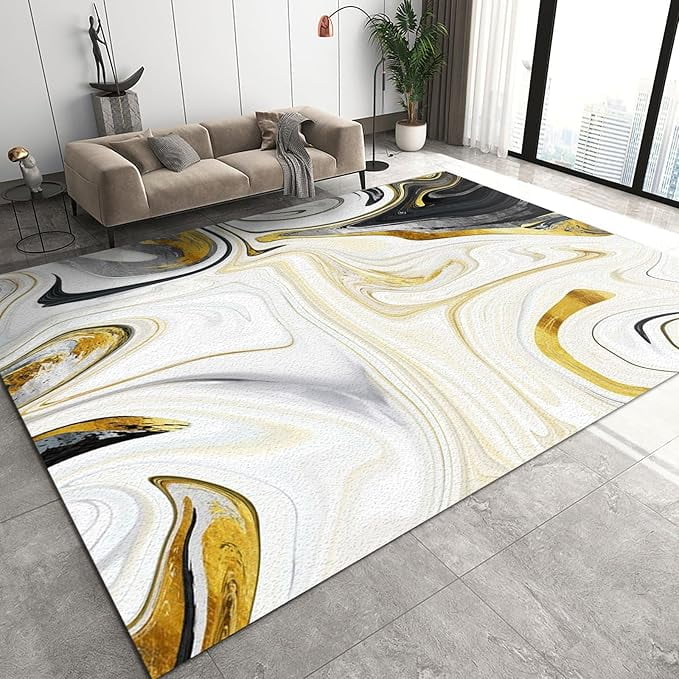 Abstract Simple White Gold Area Rug, Modern Beautiful Indoor Carpet ...