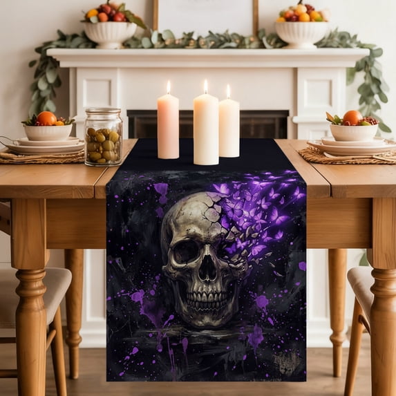 Abstract Skull Dining Table Runner, Vintage Mysterious Purple ...