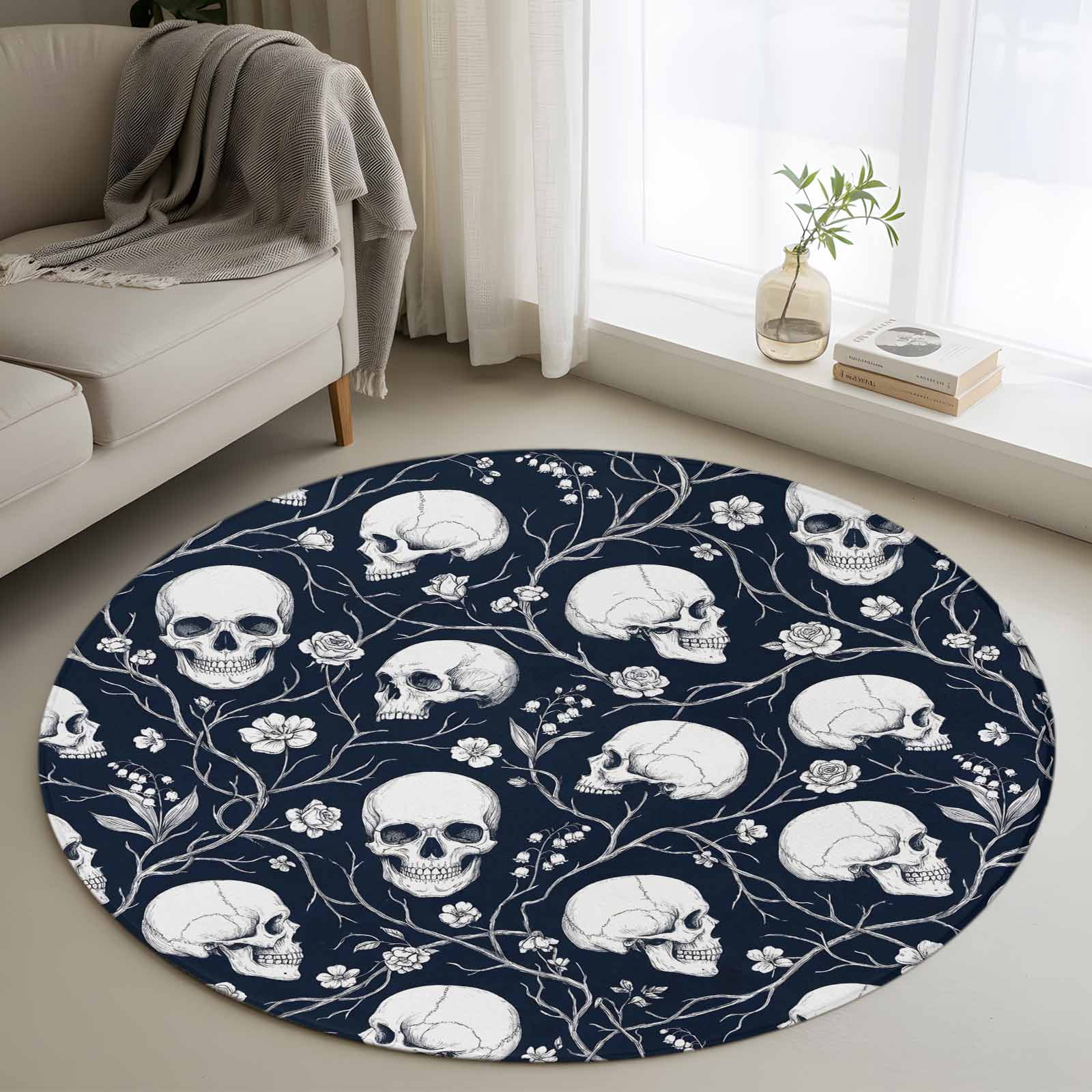 Abstract Skull Round Rug 3.3Ft Romantic Navy Blue White Vines Flowers ...