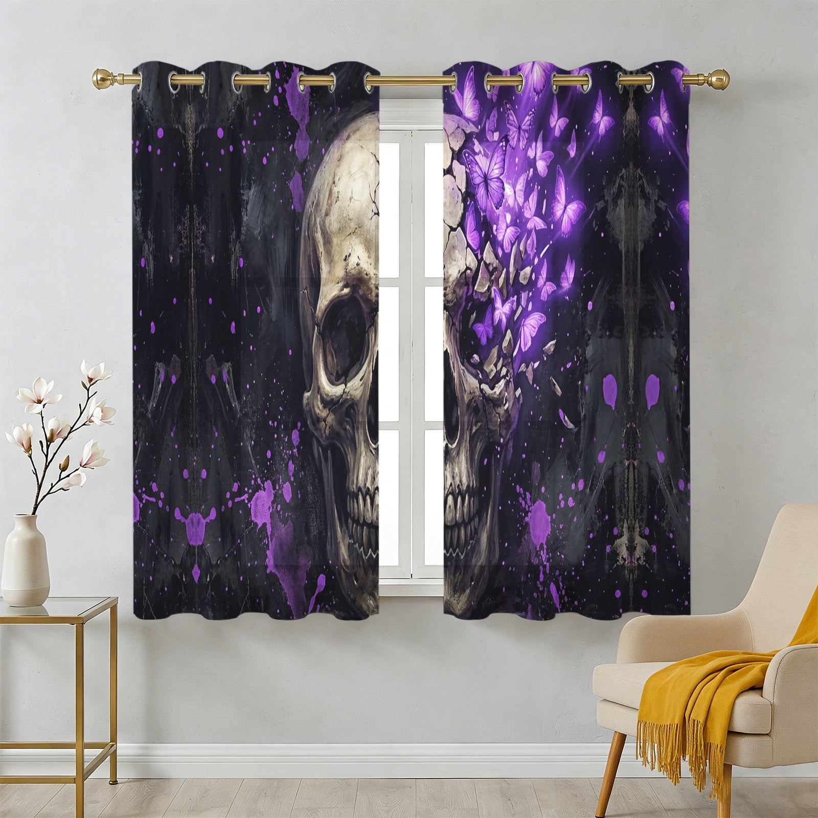 Abstract Skull Sheer Curtains 39 Inch Long 2 Panels, Vintage Mysterious ...