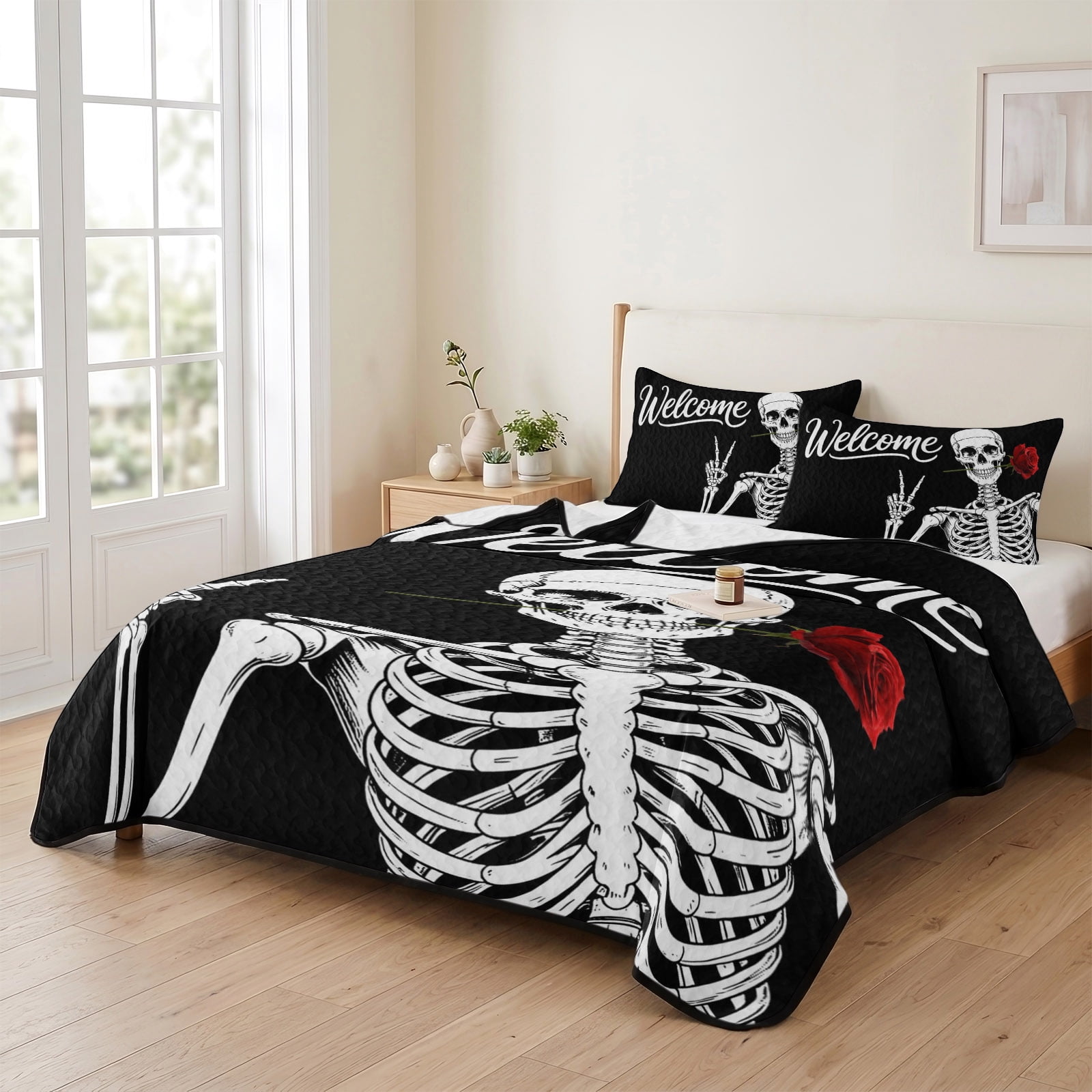 Abstract Skull Skeletons Rose 3 Pieces Quilt Set,1 Quilt with 2 Shams ...