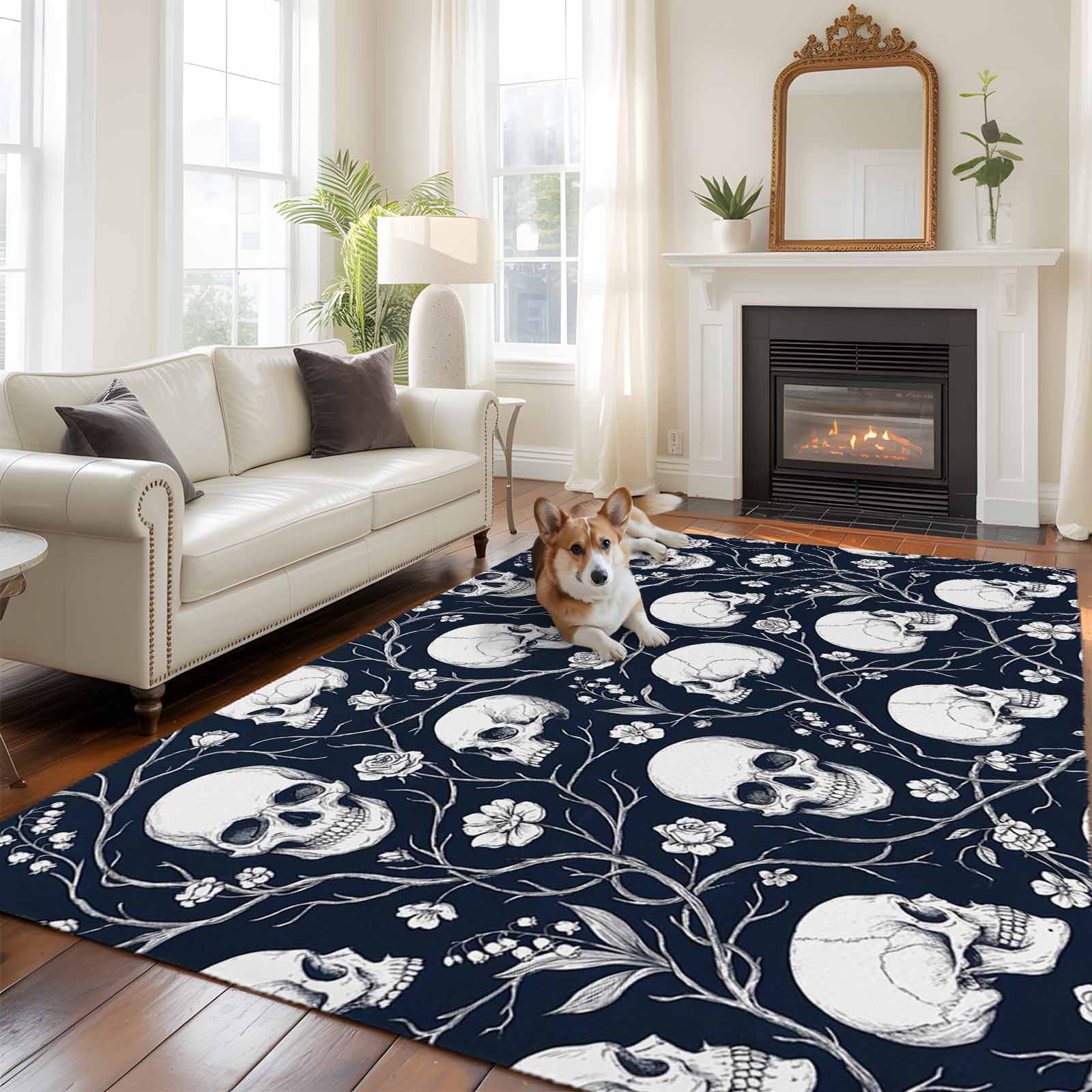 Abstract Skull Washable Area Rug 5x8 Romantic Navy Blue White Vines ...