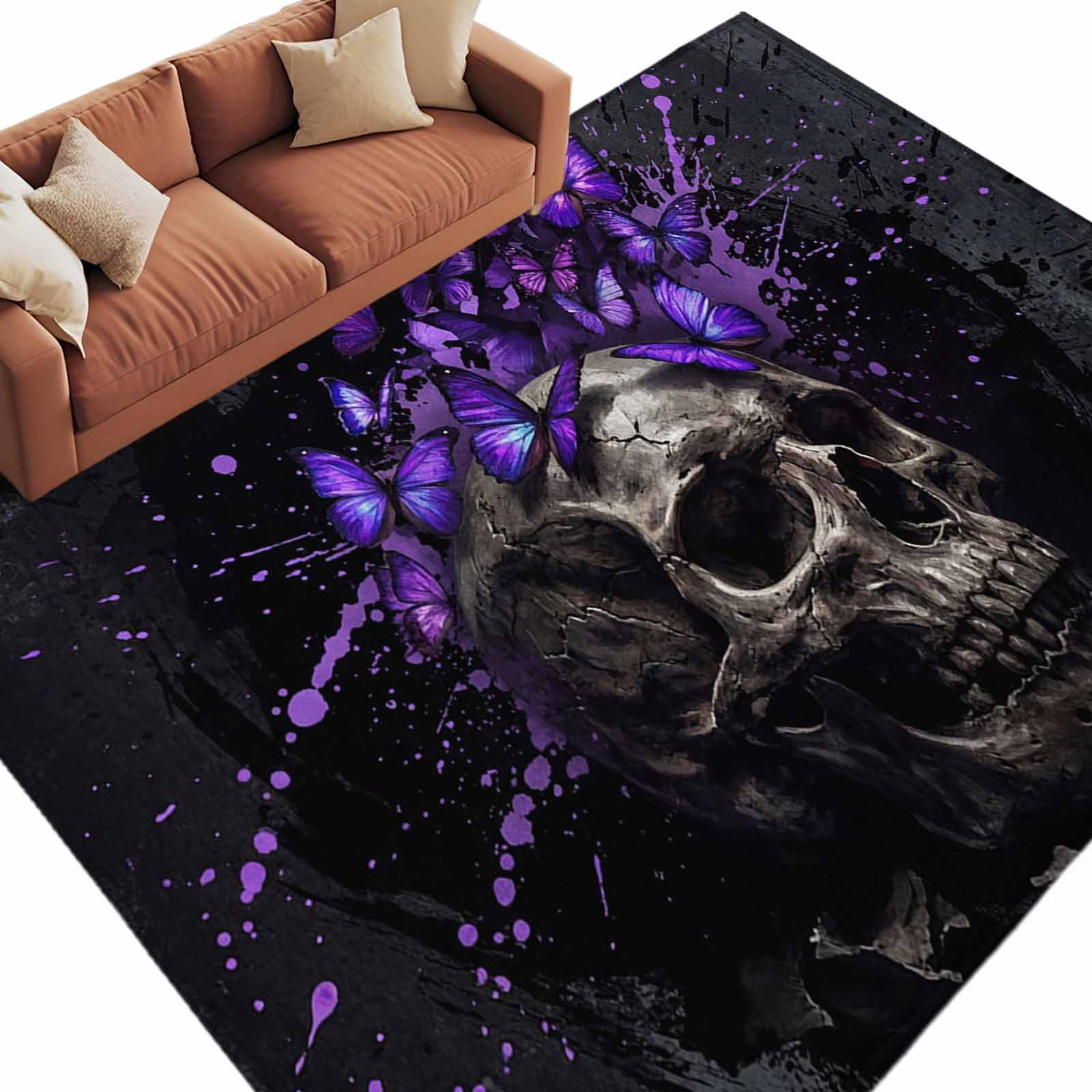 Abstract Skull Washable Living Room Rugs 6'x9', Night Mysterious Purple ...