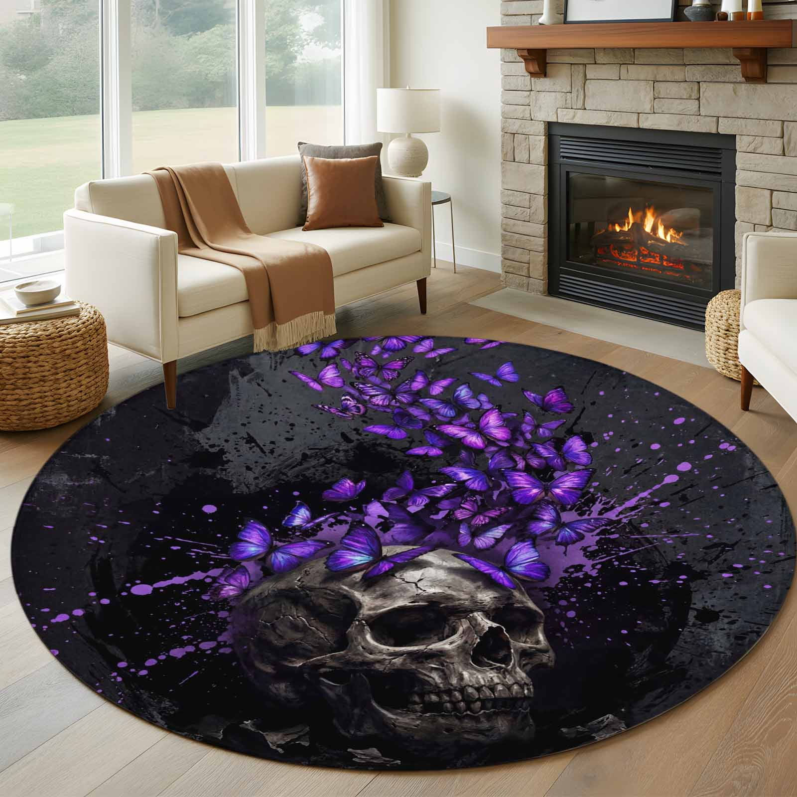 Abstract Skull Washable Round Area Rug 7 ft, Night Mysterious Purple ...