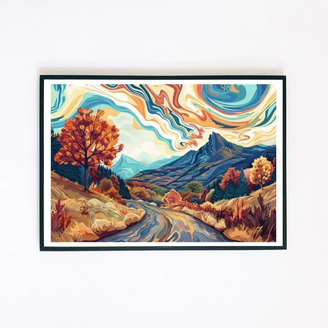 Abstract Sky Clouds Mountains Landscape Illustration A4 Funky Wall Art ...