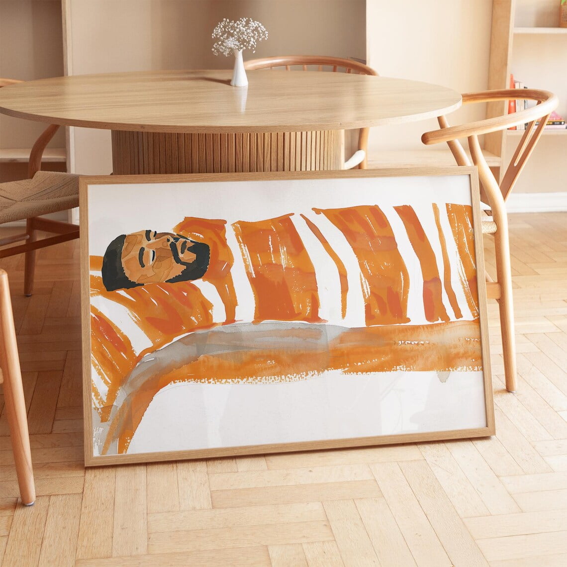 Abstract Sleeping Man Art, Orange Striped Bed Wall Print, Modern ...