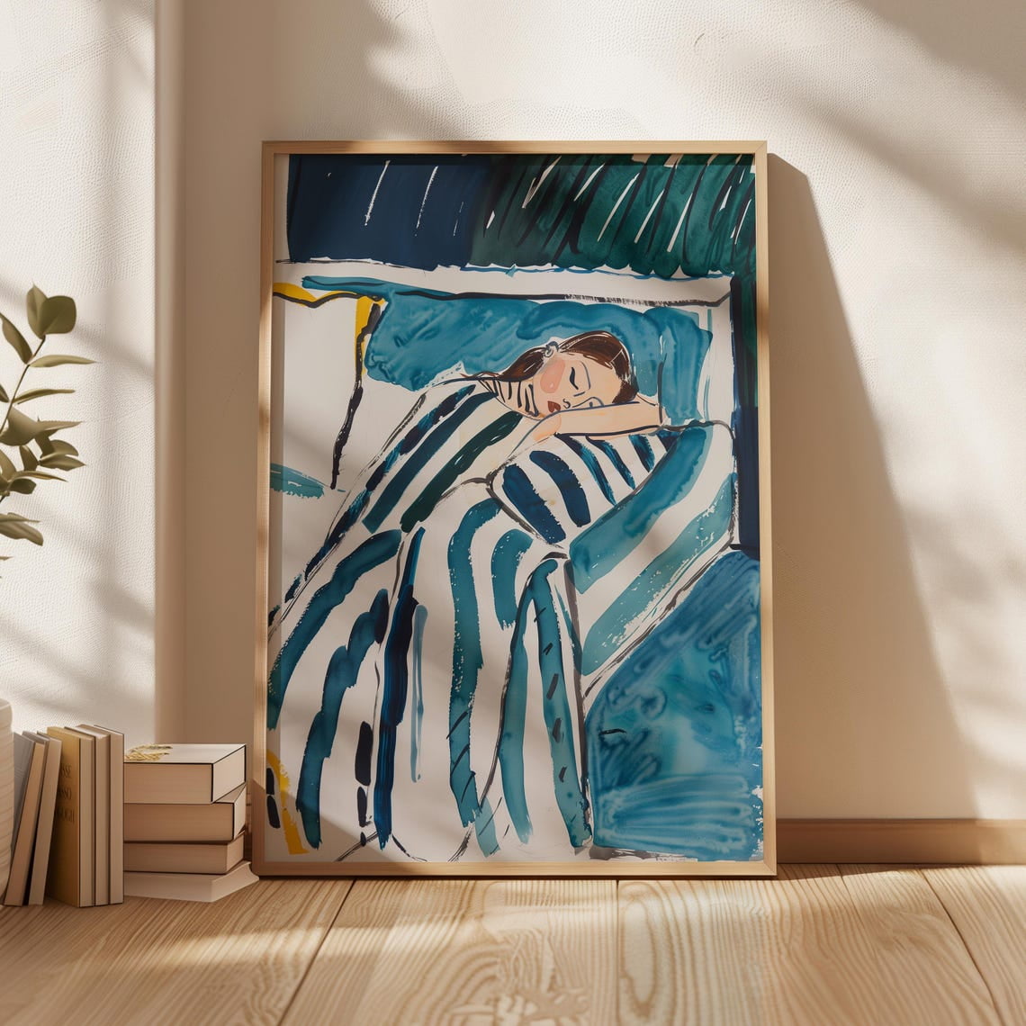 Abstract Sleeping Woman Print, Modern Blue Bedroom Art, Cozy Minimal ...