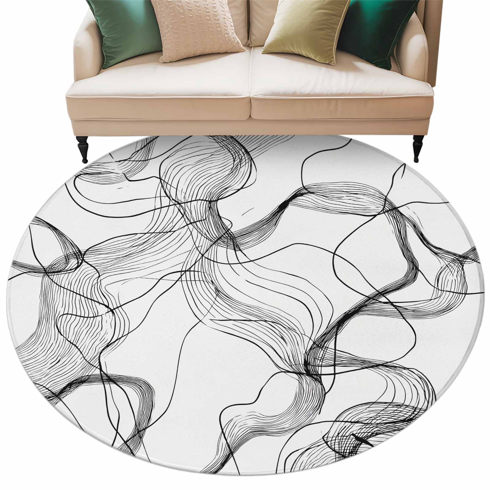 Abstract Smoky Waves Round Rug 6ft Washable Circle Kitchen Rugs Non ...