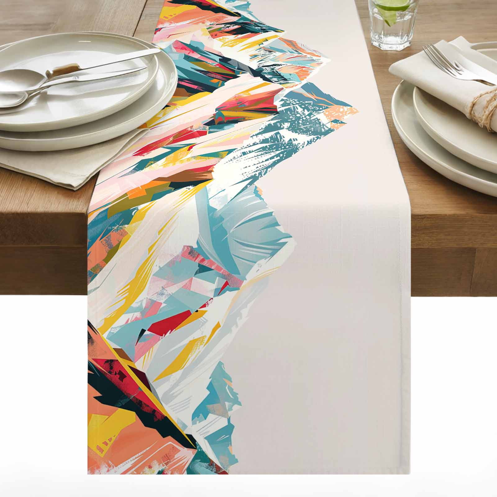 Abstract Snowy Table Runner 13x90 inch Mountain Colored Drawing Oil ...