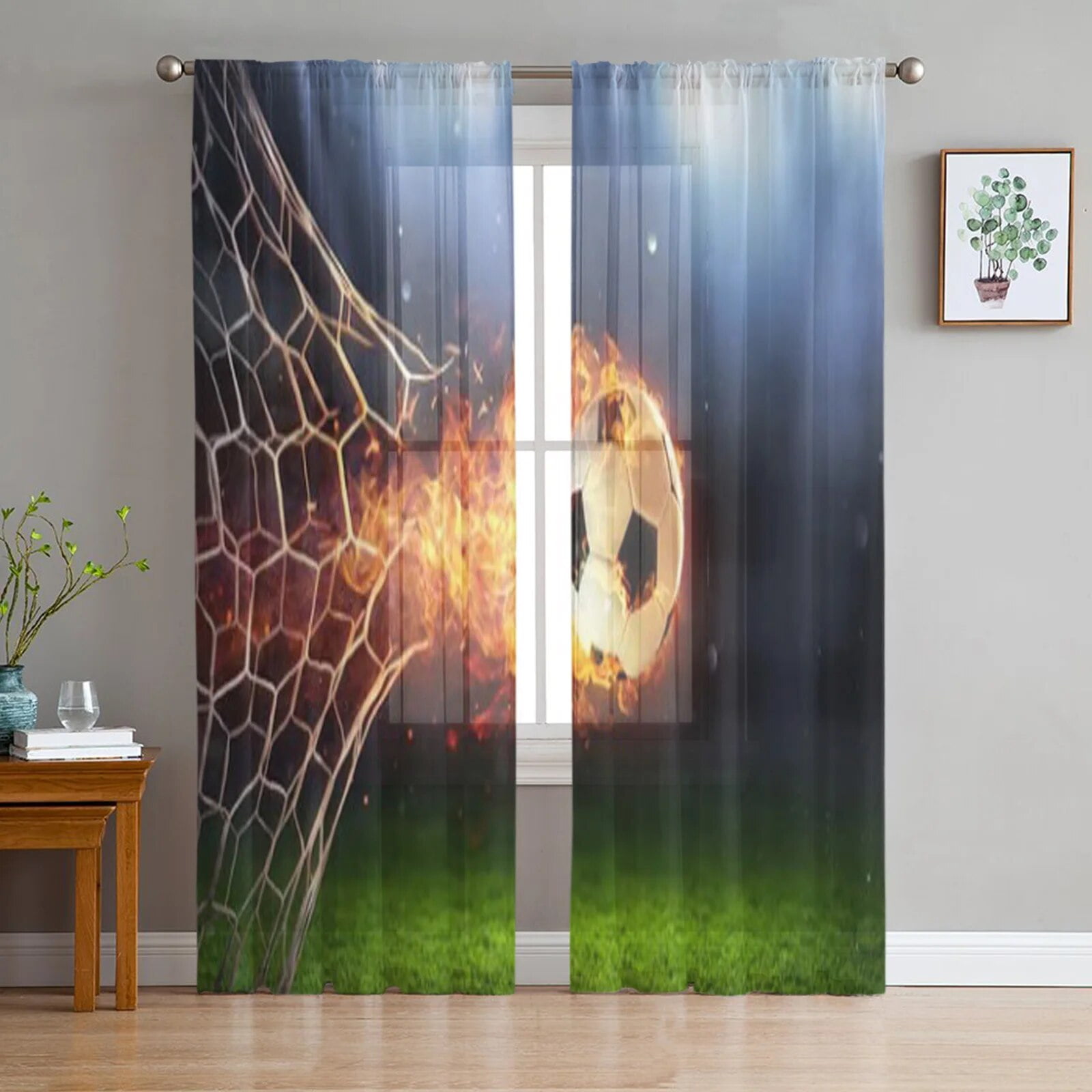 Abstract Soccer Field With Goal Net And Fiery Flames On Grass Tulle ...