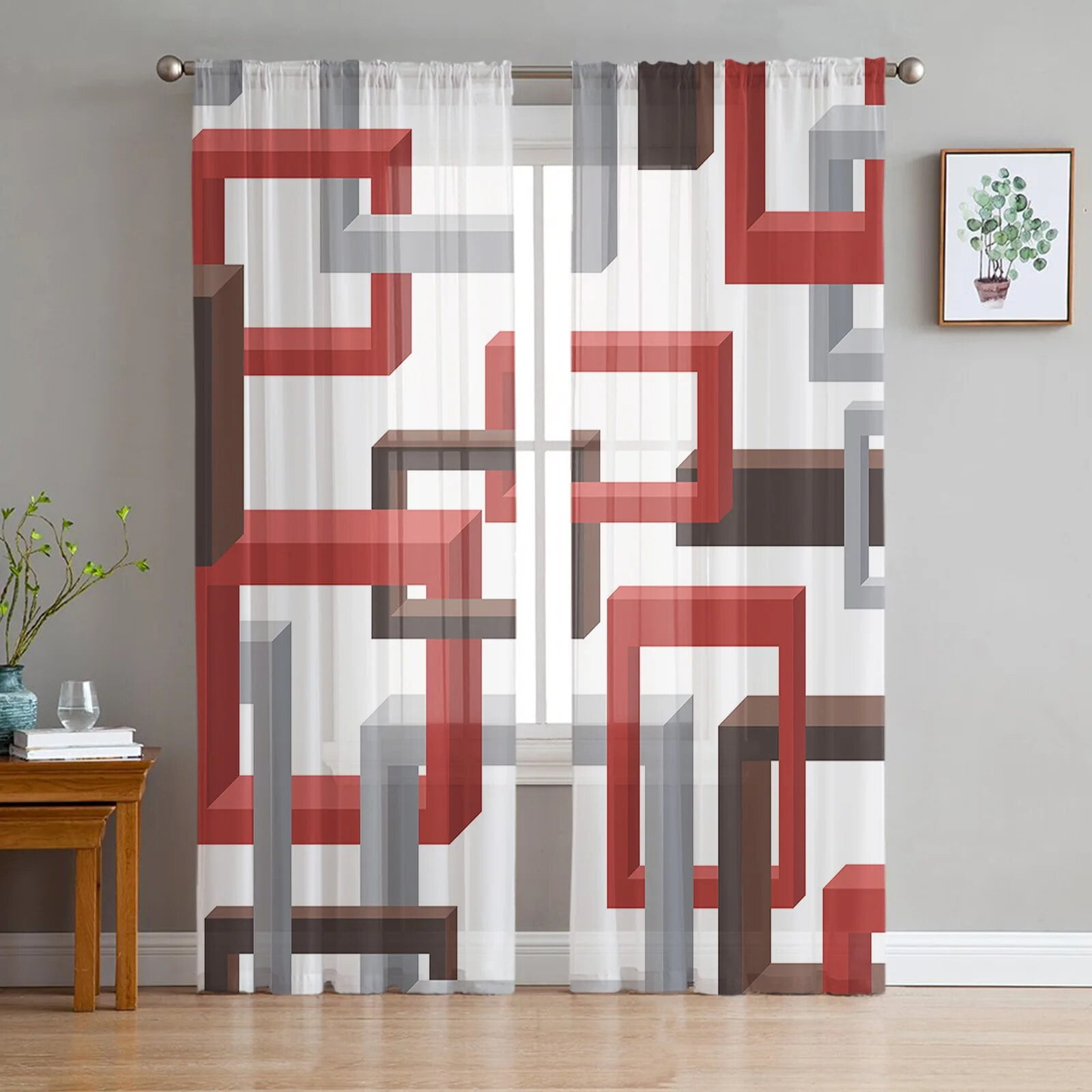 Abstract Solid Geometry Mid Century Tulle Voile Curtains For Bedroom ...