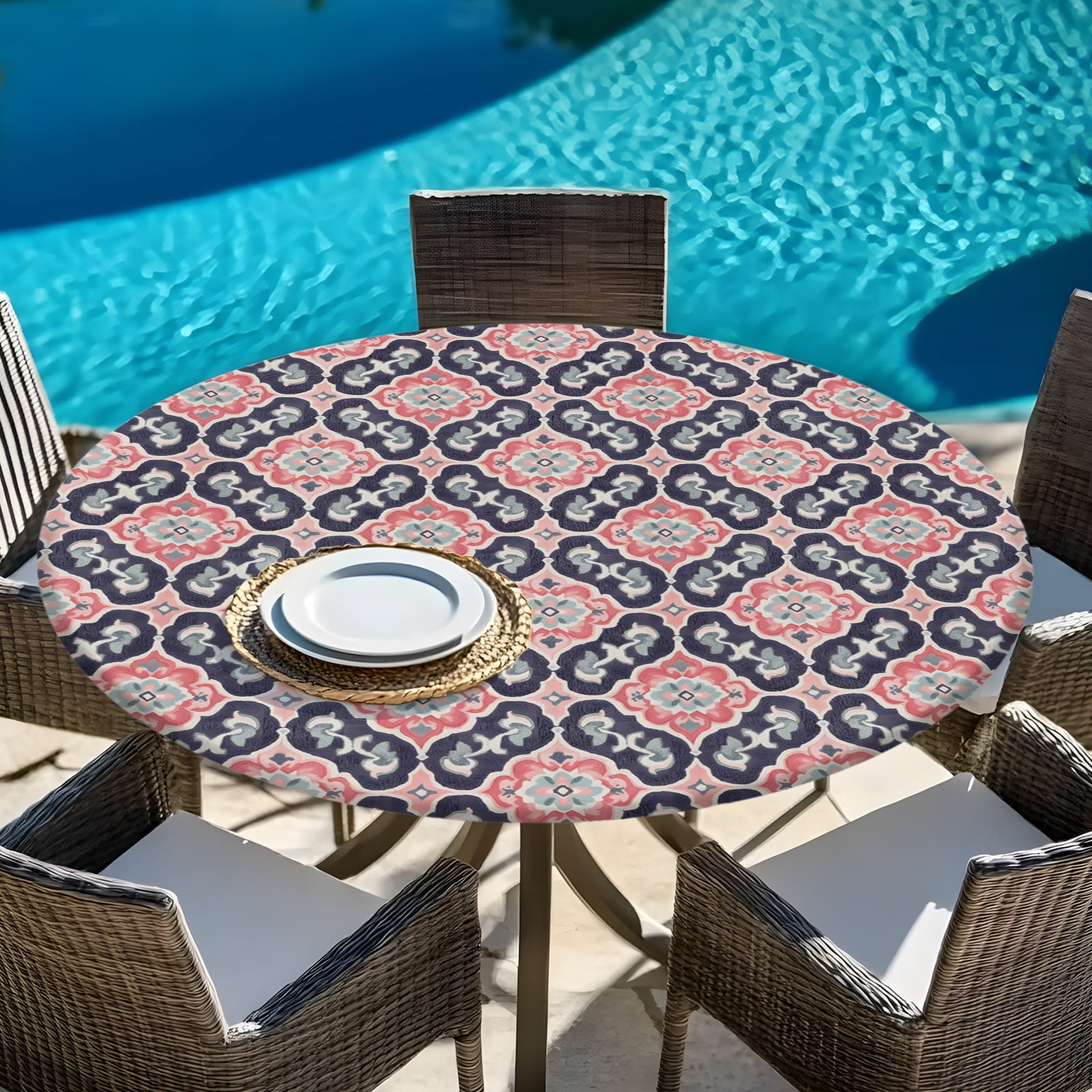 Abstract Southwest Ethnic Floral Pattern Round Fitted Tablecloth with ...