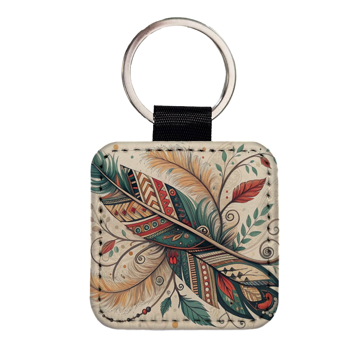Abstract Southwestern Feather Leaf Design Faux Leather Square Keychain ...