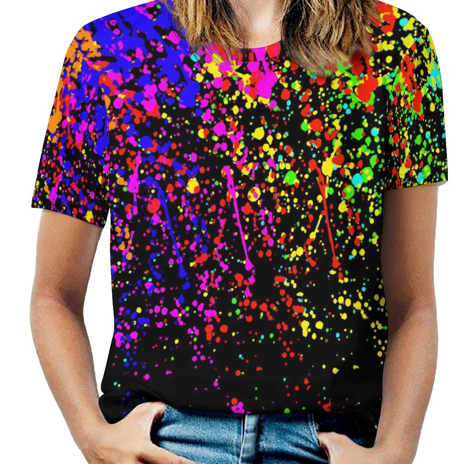 Abstract Splatter Paint T-Shirt Black and Green Harajuku T Shirts Short ...