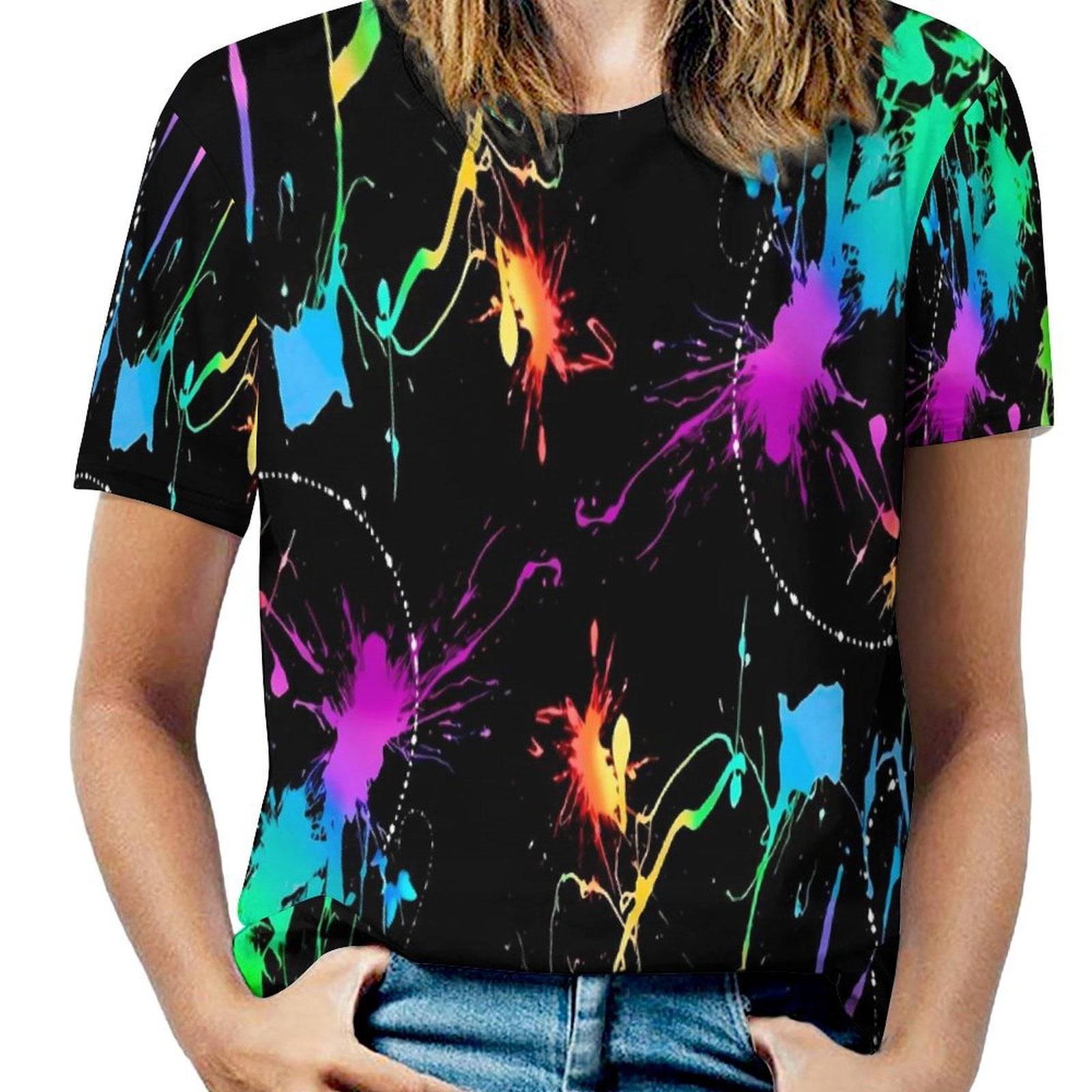 Abstract Splatter Paint T-Shirt Black and Green Harajuku T Shirts Short Sleeve Street Fashion ...