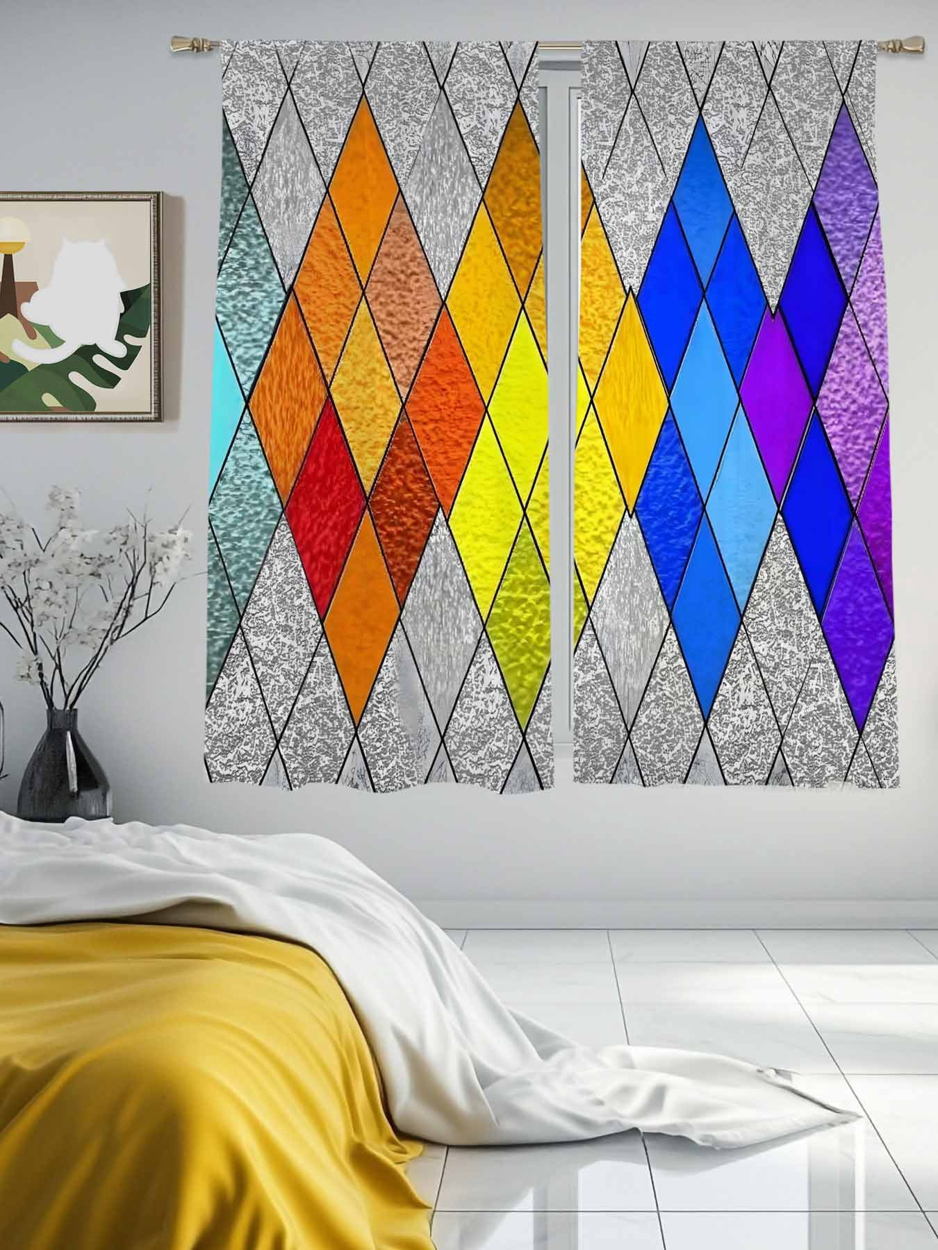 Abstract Splicing Glasses Diamond Chiffon Sheer Curtains 63 Inches Long ...