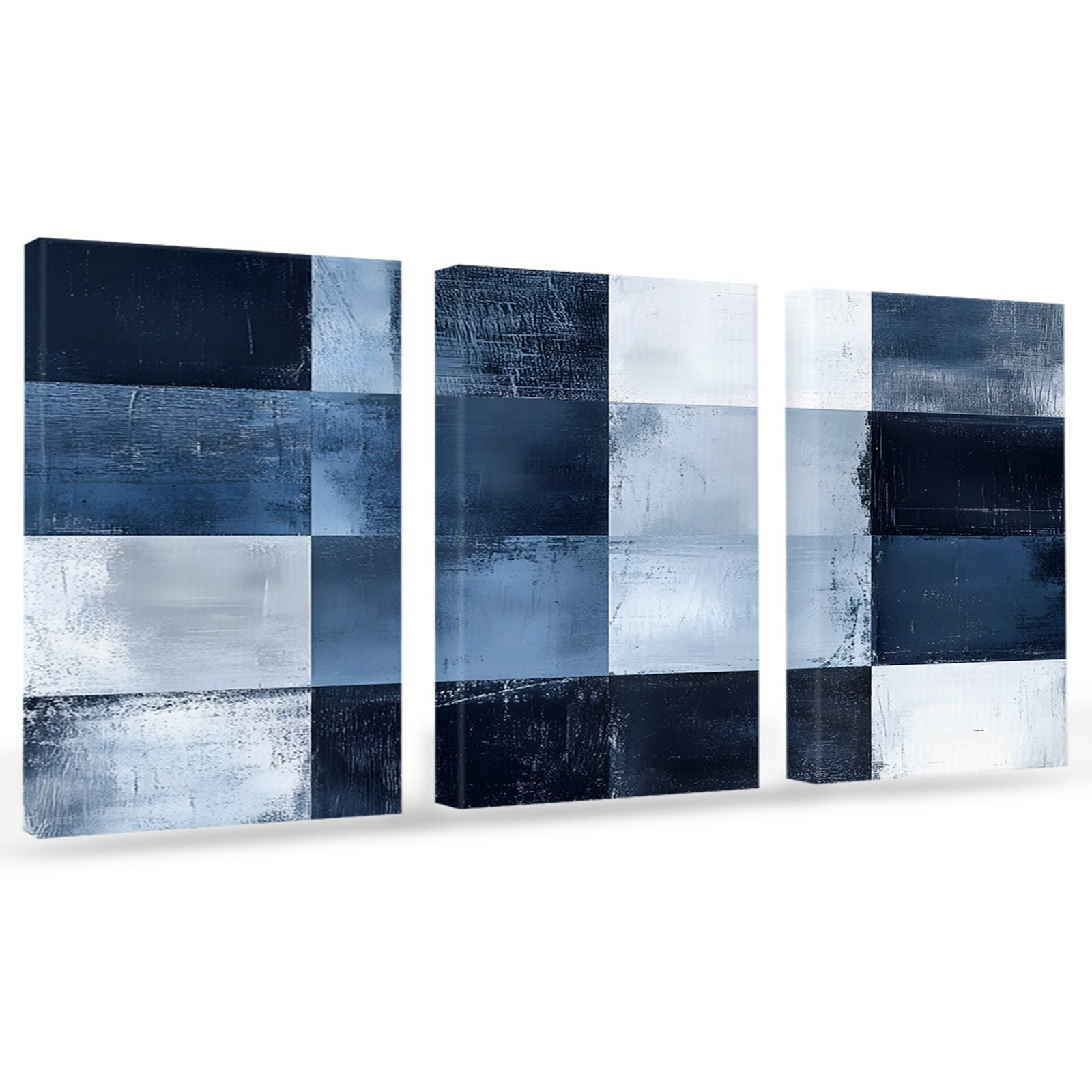 Abstract Splicing Plaid Canvas Wall Art 3 Panels, Watercolor Navy Blue ...