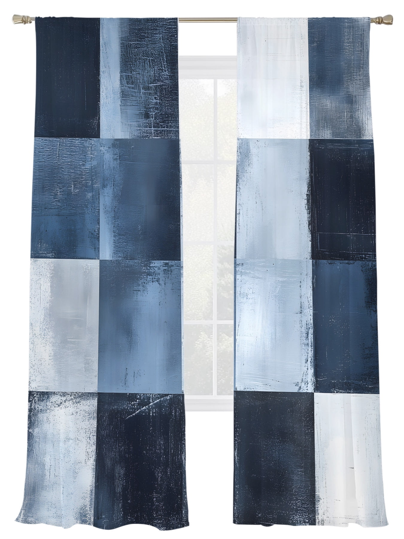 Abstract Splicing Plaid Sheer Curtains 108 inches Long, Watercolor Navy ...