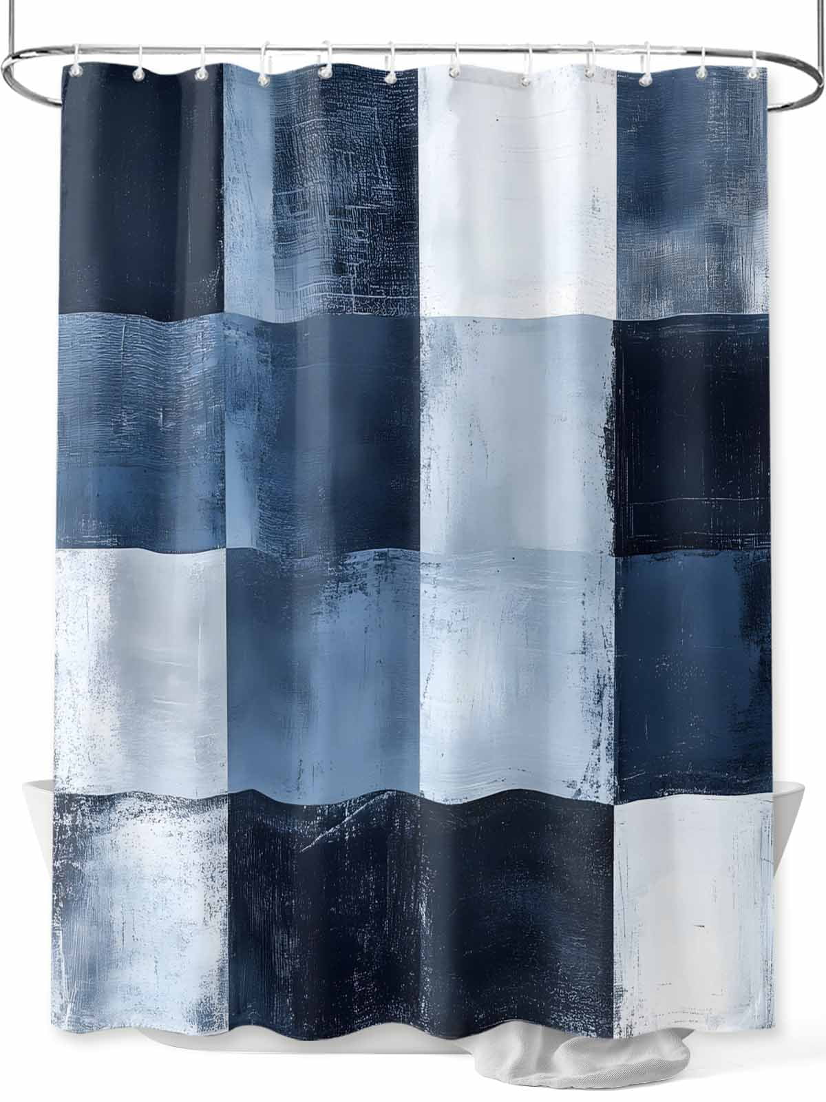 Abstract Splicing Plaid Shower Curtain, Watercolor Navy Blue Waterproof Shower Curtain Set with ...