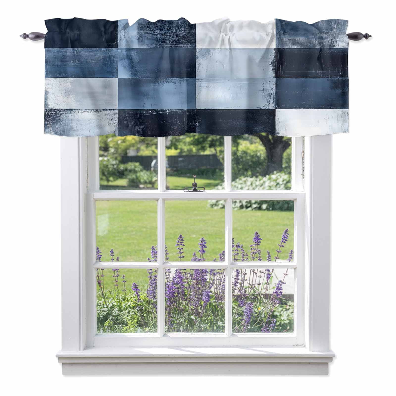 Abstract Splicing Plaid Valances for Windows, Watercolor Navy Blue ...