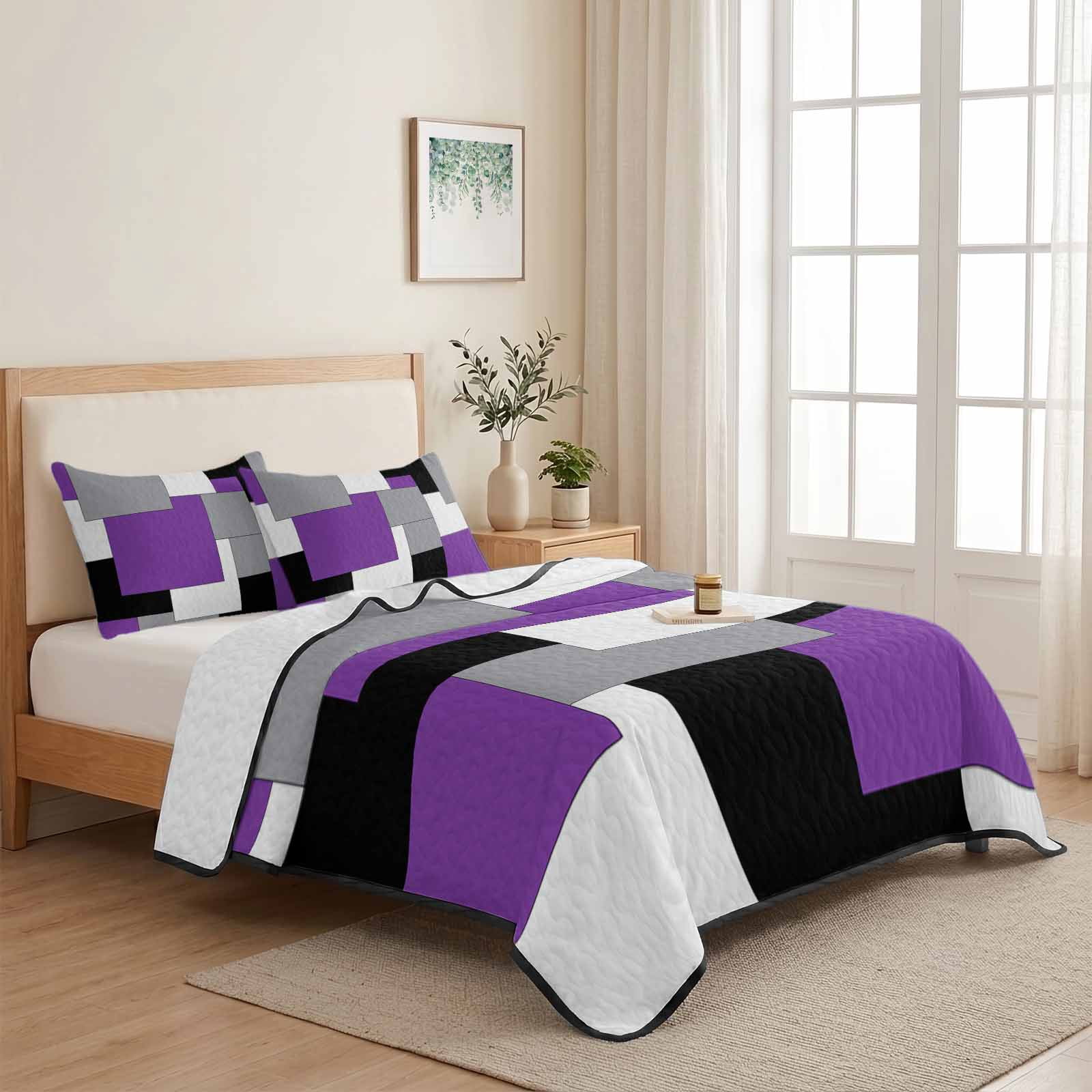 Abstract Splicing Purple White Grey Square Blocks 3 Pieces Quilt Set,1 ...