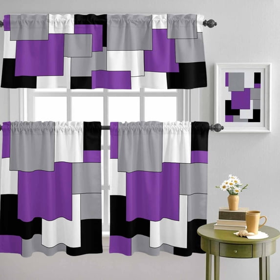 Abstract Splicing Purple White Grey Square Blocks Curtain Tier and ...