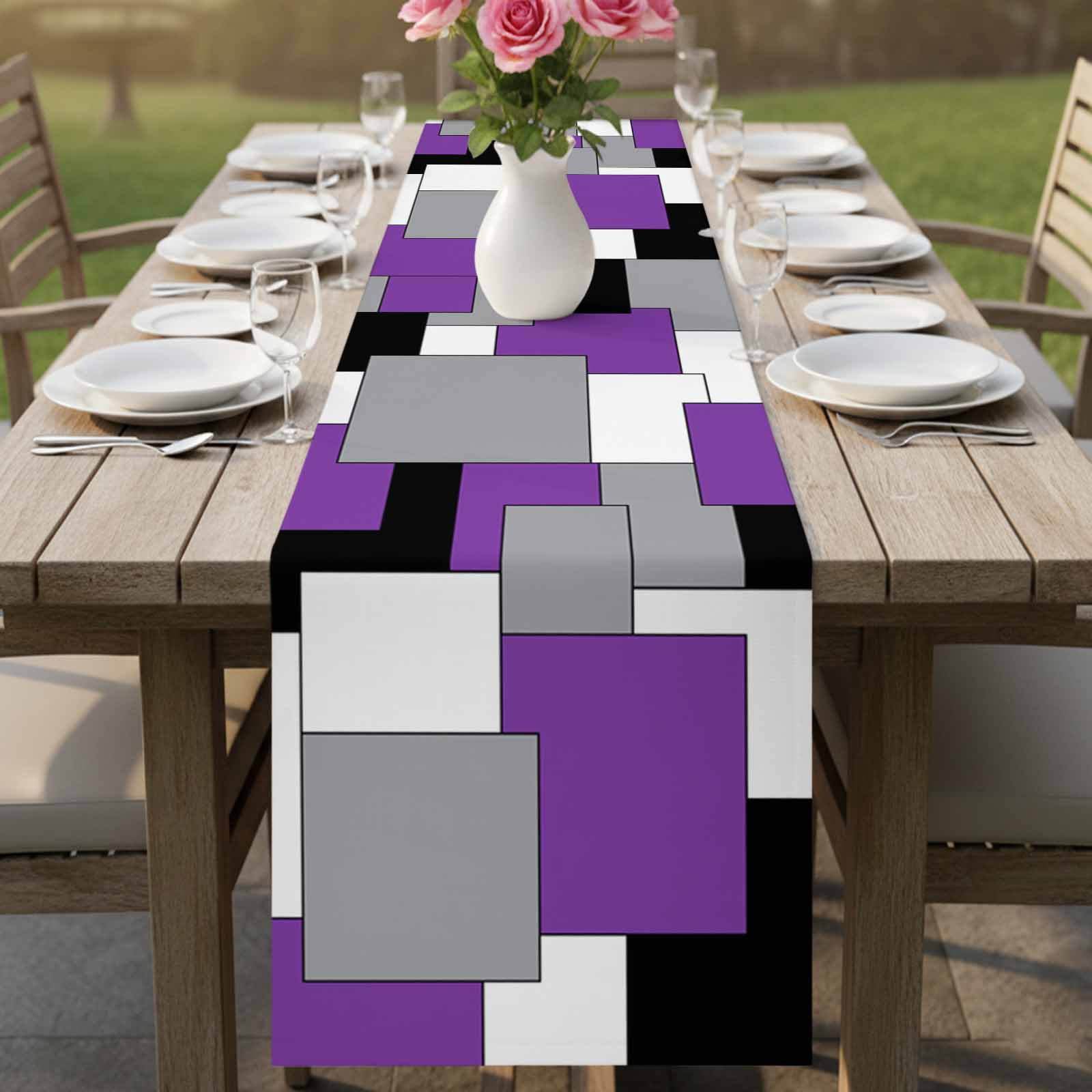 Abstract Splicing Purple White Grey Square Blocks Table Runner 90 ...