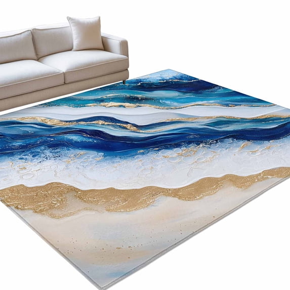 Abstract Spray Area Rugs 5x8ft Gold White Blue Ocean Oil Painting Style ...