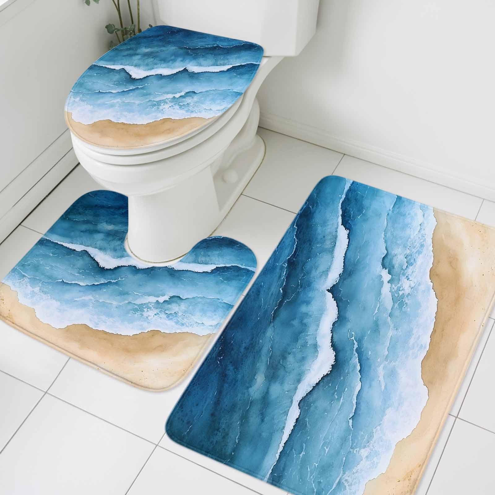 Abstract Spray Bathroom Rugs Set Blue White Waves Ocean Seaside ...