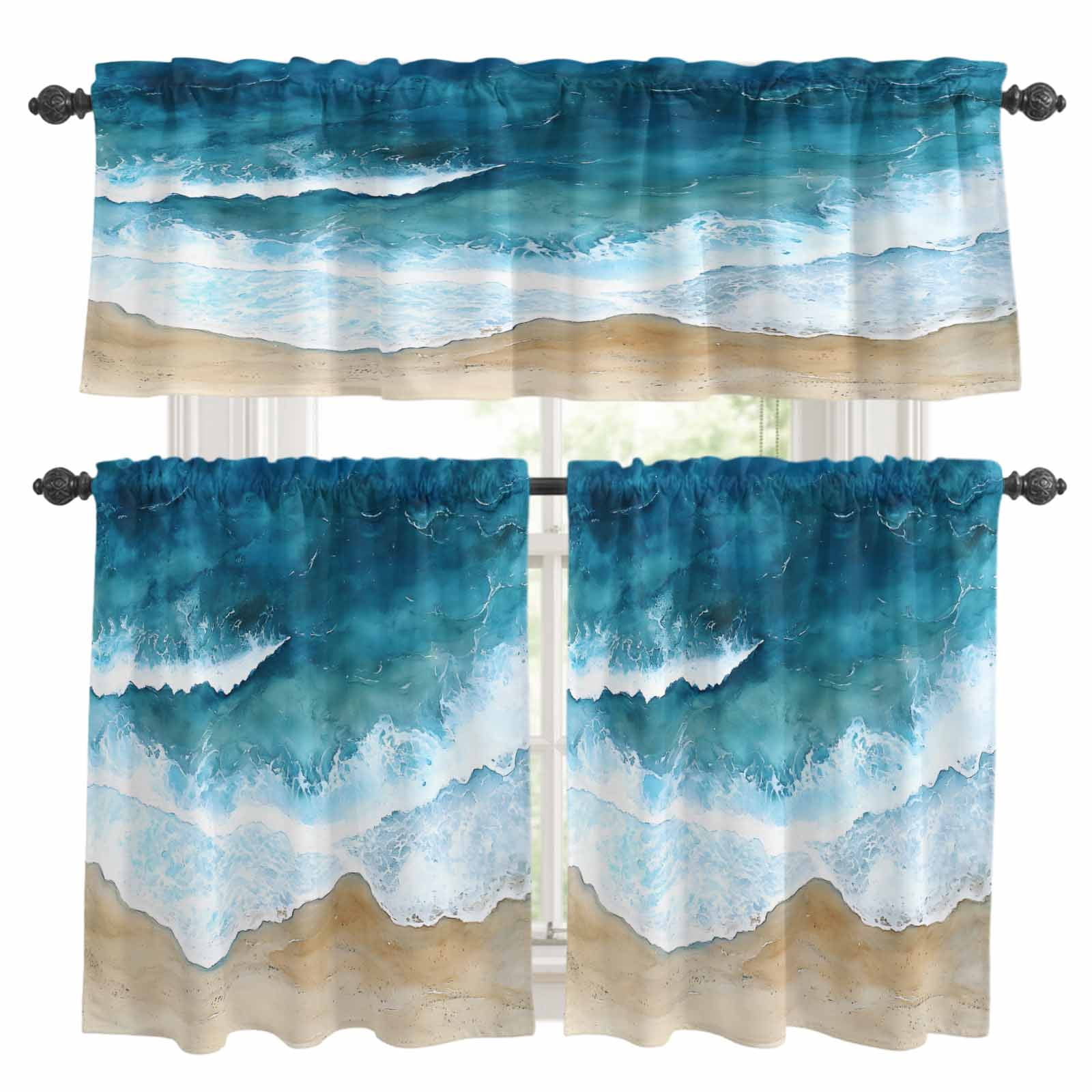 Abstract Spray Kitchen Curtains Set for Windows, Blue Waves Ocean ...