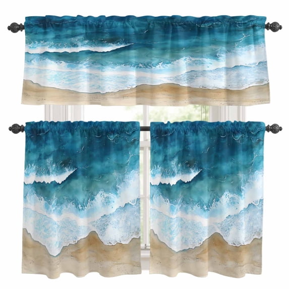 Abstract Spray Kitchen Curtains Set for Windows, Blue Waves Ocean ...