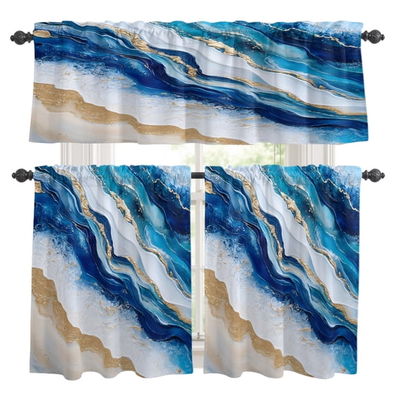 Abstract Spray Kitchen Curtains Set for Windows, Gold White Blue Ocean ...
