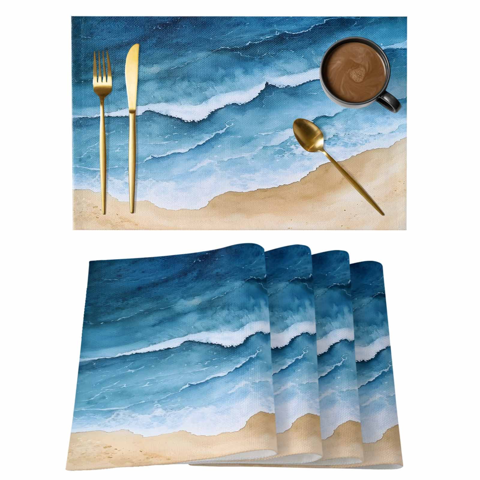 Abstract Spray Placemats Set of 8, Blue White Waves Ocean Seaside ...