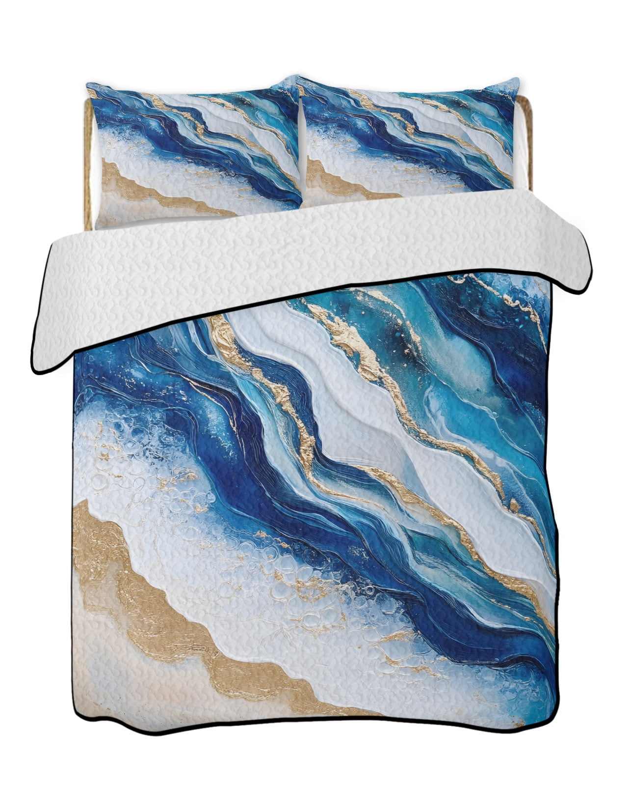 Abstract Spray Quilts Bedding Set King Size Gold White Blue Ocean Oil ...