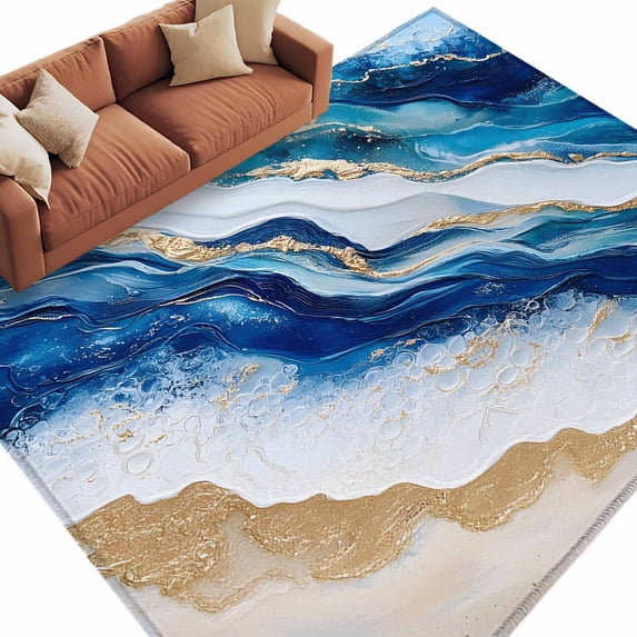 Abstract Spray Rectangle Area Rug 8x10 ft Gold White Blue Ocean Oil ...