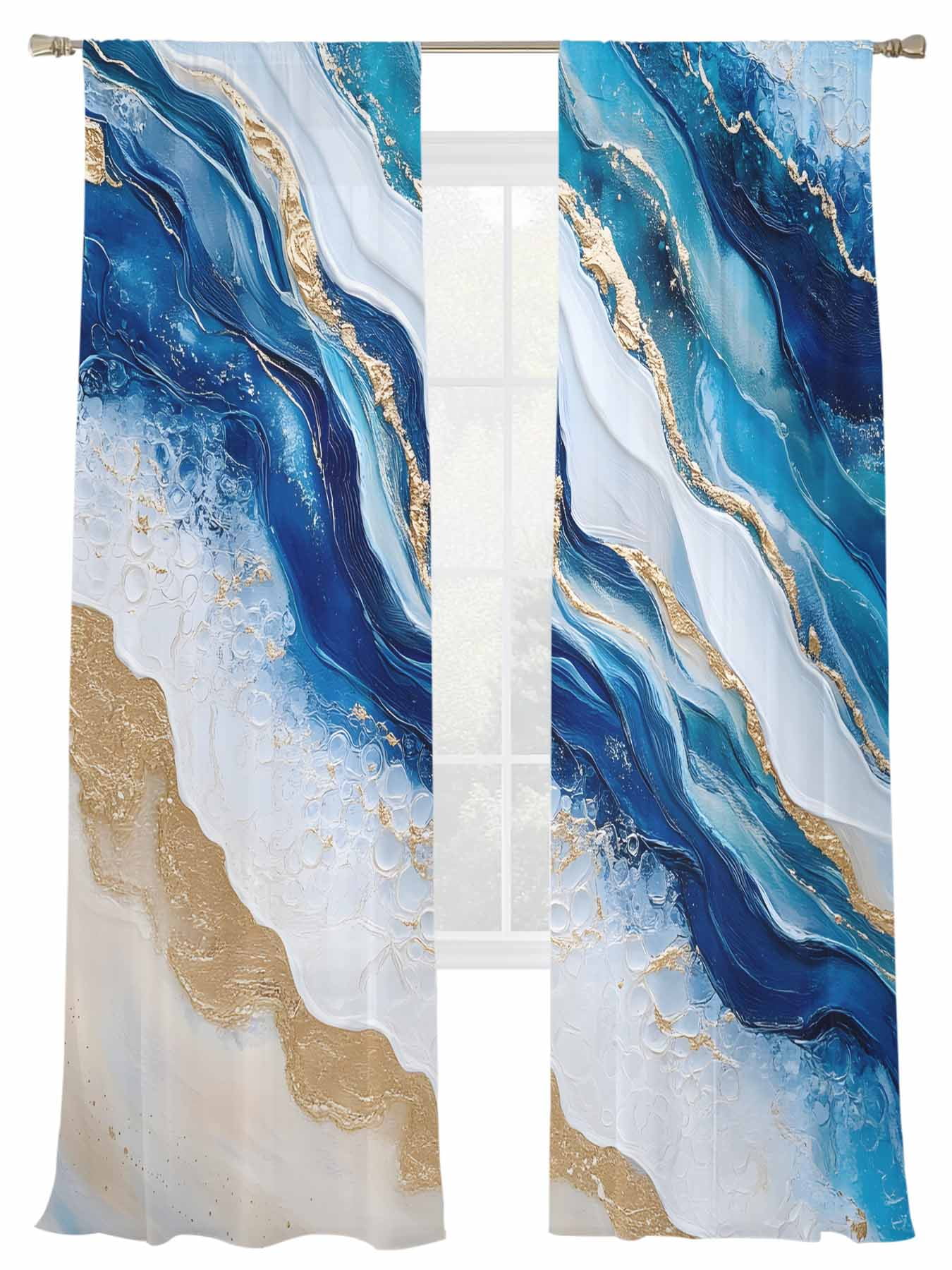 Abstract Spray Sheer Curtains 2 Panels Set Gold White Blue Ocean Oil ...
