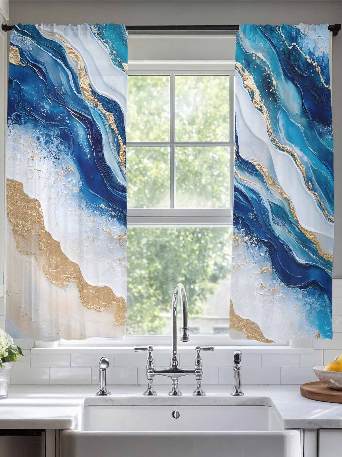 Abstract Spray Sheer Curtains 72 Inches Long 2 Panels Gold White Blue ...