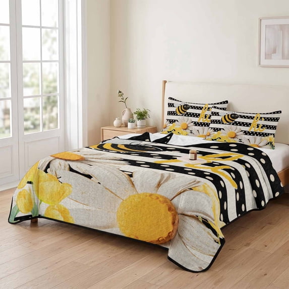 Abstract Spring Daisy Tulips Bee 3 Pieces Quilt Set,1 Quilt with 2 ...