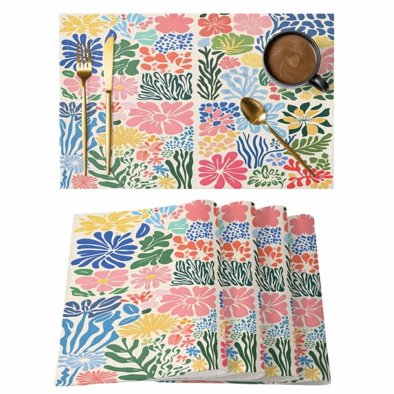 Abstract Spring Floral Cotton Linen Placemats Set of 1, Retro Colorful ...