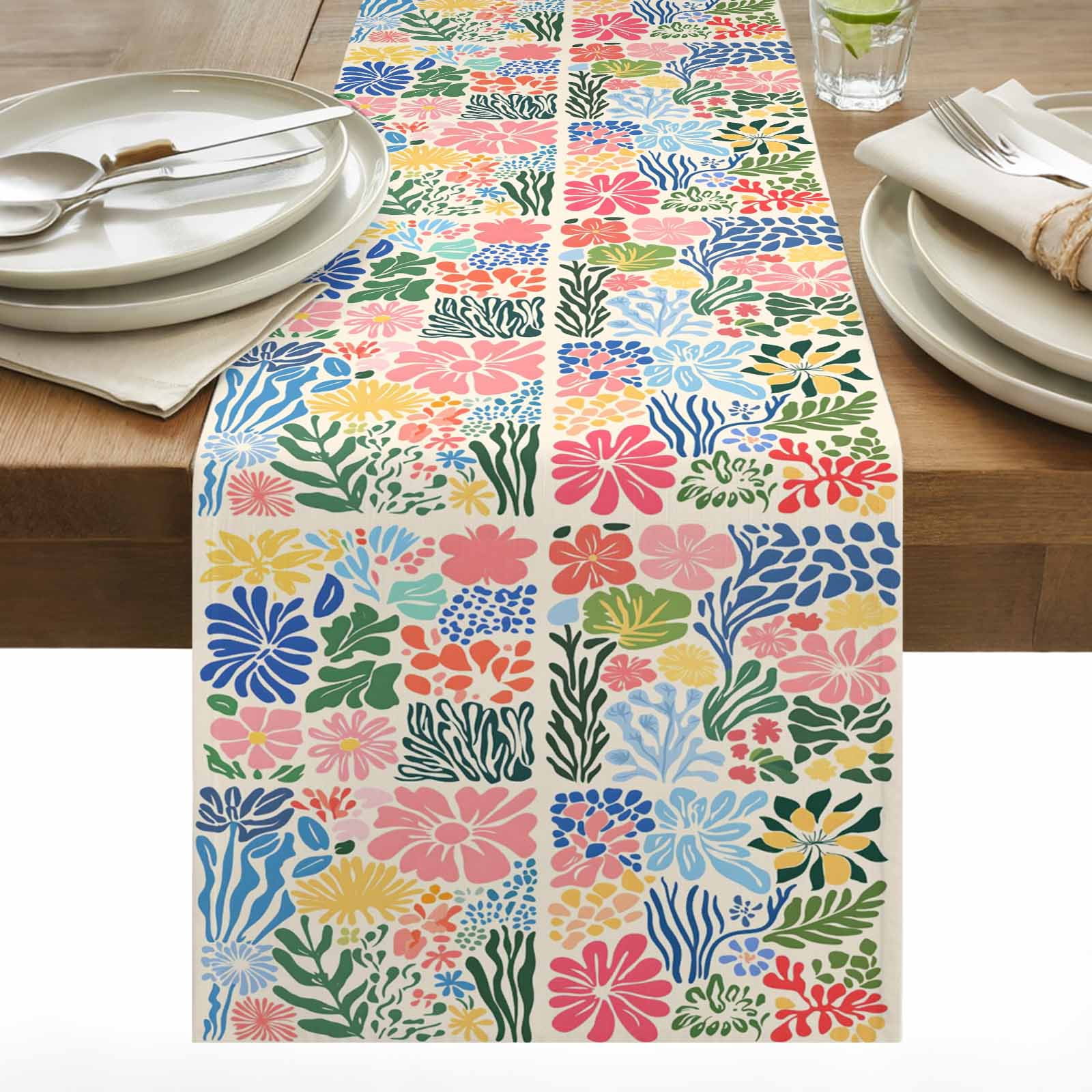Abstract Spring Flower Cotton Linen Table Runner Retro Colorful Simple ...