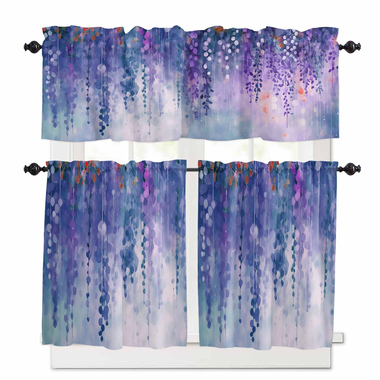 Abstract Spring Kitchen Curtains Valances and Tiers Set of 3 Blue ...