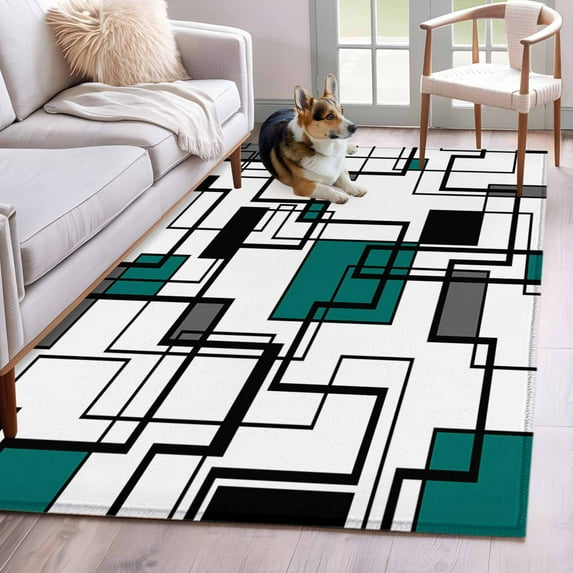 Abstract Squares Area Rugs 3x5 ft Green Gray Geometric Line Modern ...
