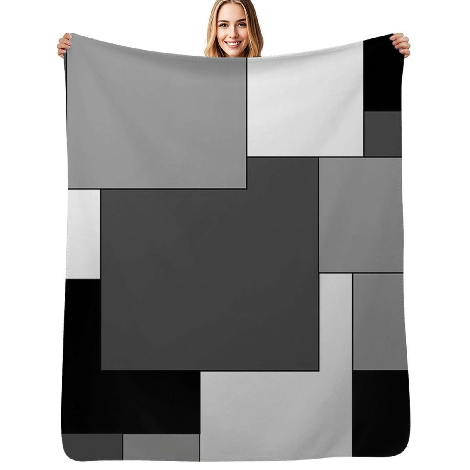 Abstract Squares Black Grey Printed Flannel Blanket Warm Soft Bedding ...