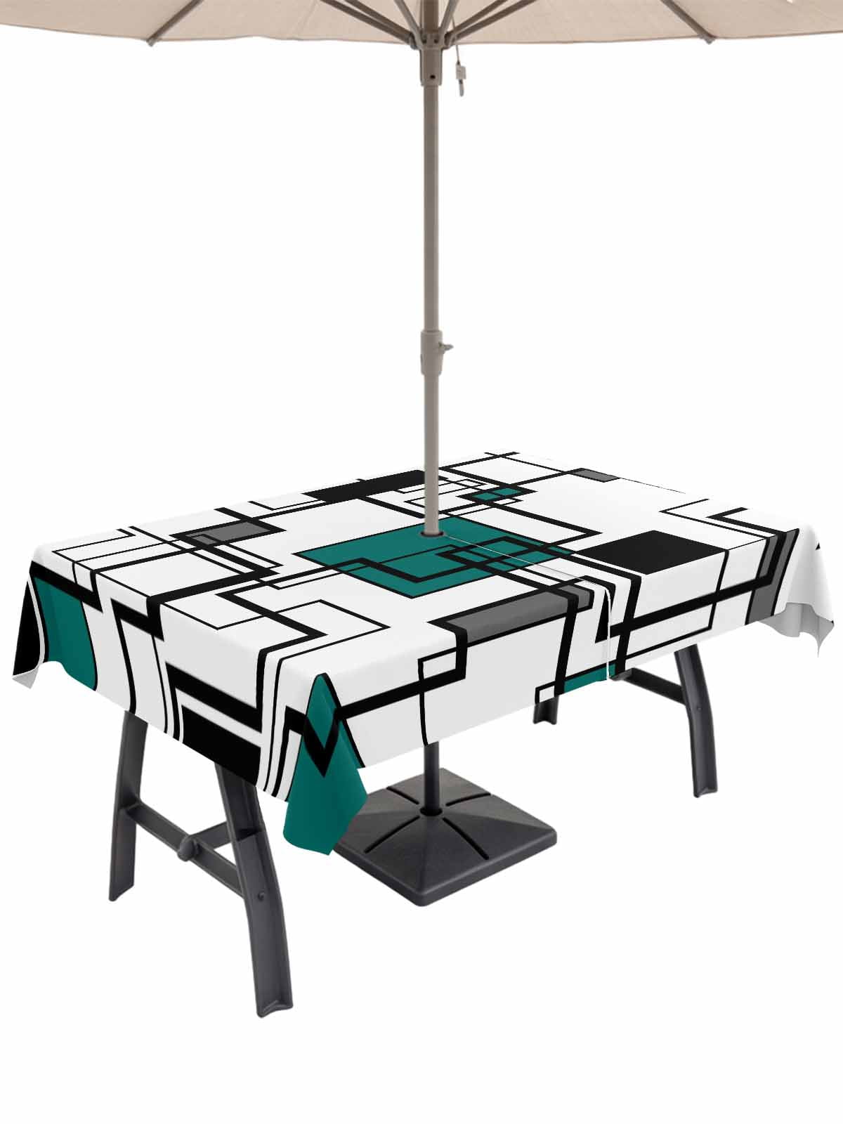 Abstract Squares Rectangle Outdoor Tablecloth with Umbrella Hole Green ...